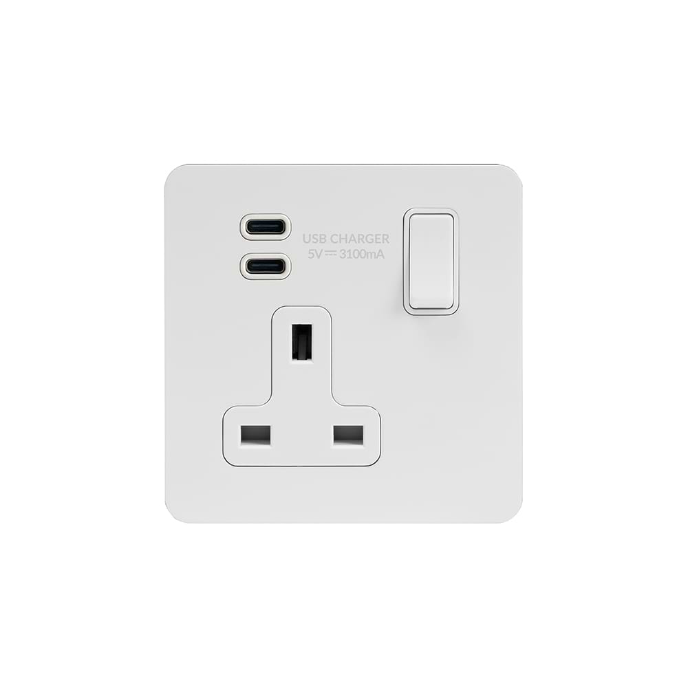 White Metal 1 Gang USB C+C Socket | White Metal Single USB C Socket - Elesi