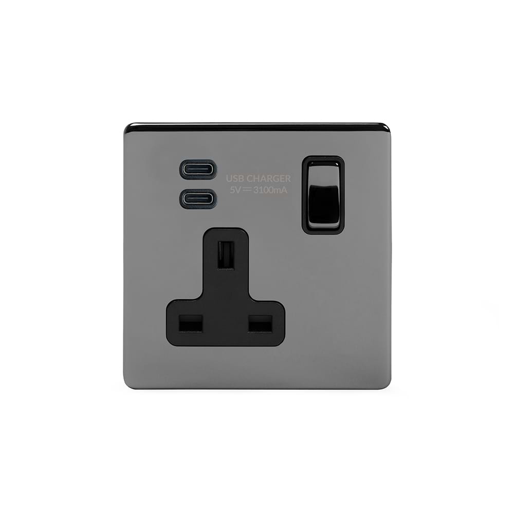 Black Nickel 1 Gang USB C+C Socket | Black Nickel Single USB C Socket - Elesi