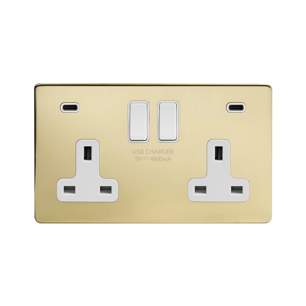 Brushed Brass 2 Gang USB C+C Socket | Brushed Brass Double USB C Socket - Elesi