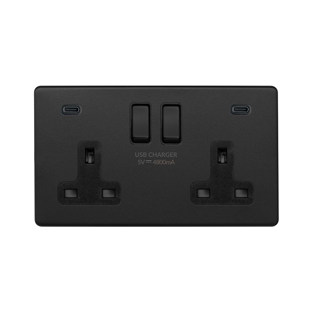 Matt Black 2 Gang USB C+C Socket | Matt Black Double USB C Socket - Elesi