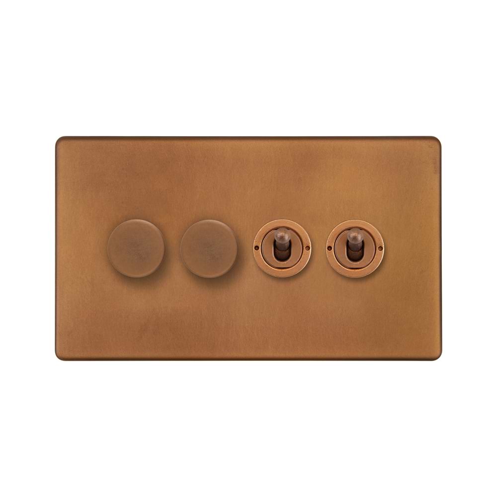 Soho Lighting Antique Copper 4 Gang Switch with 2 Dimmers (2x150W LED ...