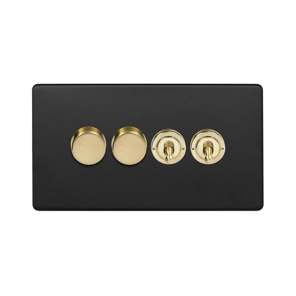 Soho Fusion Matt Black & Brushed Brass 4 Gang Switch with 2 Dimmers ...