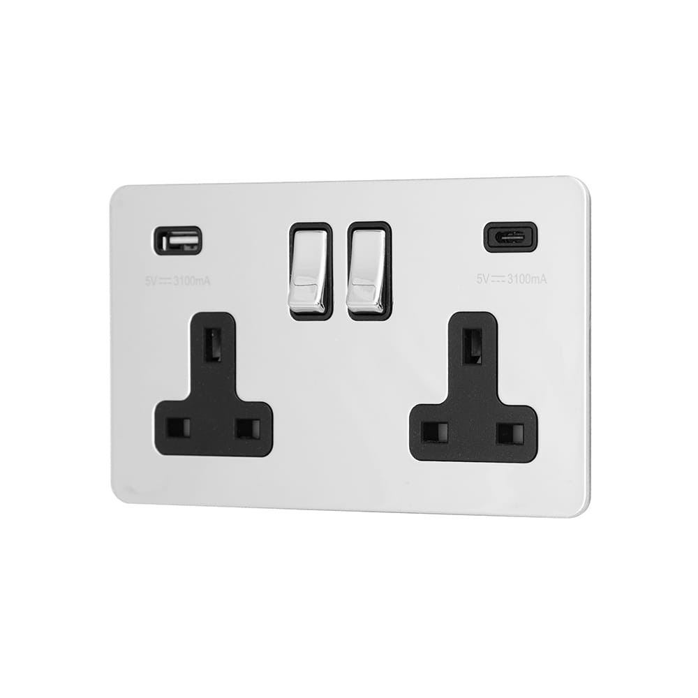 2 Gang Polished Chrome USB C Socket | Soho - Elesi