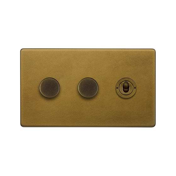 Soho Lighting Old Brass 3 Gang Switch with 2 Dimmers (2x150W LED Dimmer ...