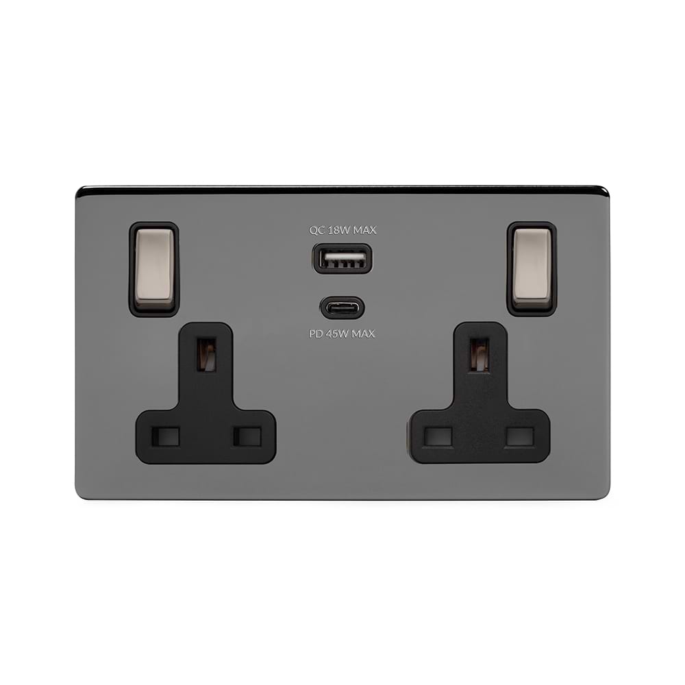 Soho Lighting Black Nickel 13A 2 Gang Fast Charge USB A+C Socket - Elesi