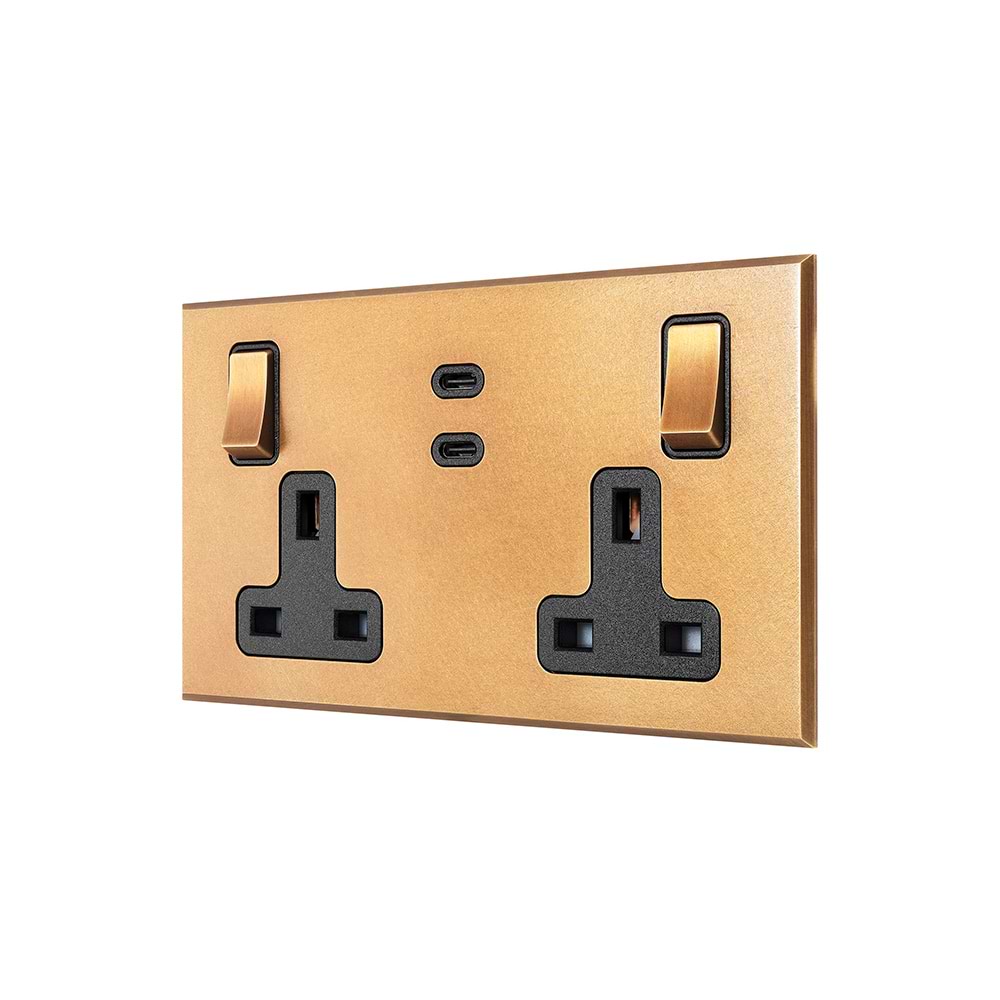 Soho Lighting Natural Brass 2 Gang 13A Switched Socket 65W Max PD C+C ...