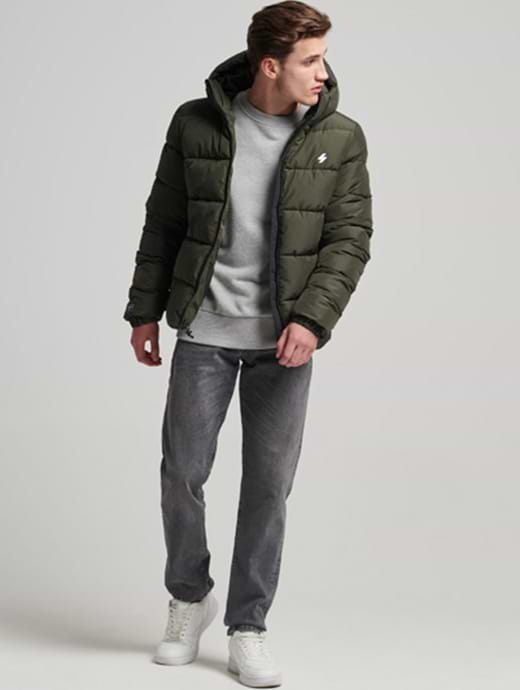 Superdry Men's Hooded Sports Puffer Jacket Dark Moss Green