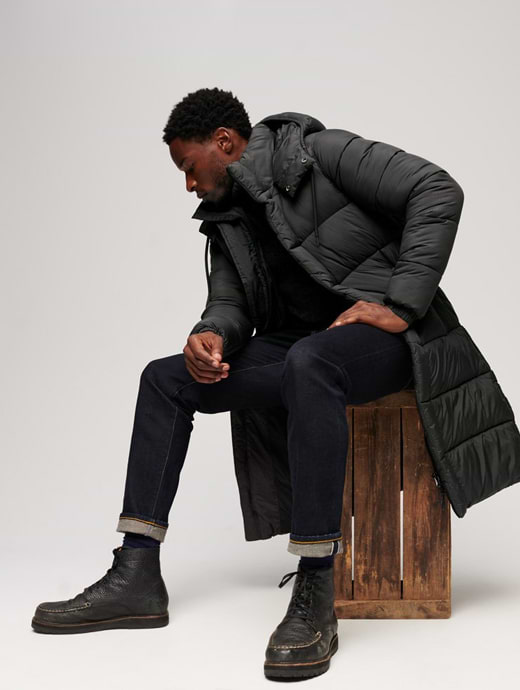 Superdry Men's Ripstop Longline Puffer Jacket Black Grid