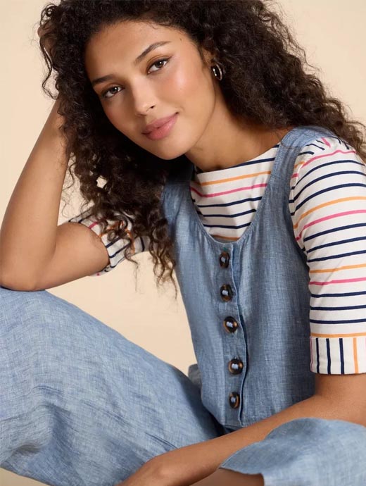 White Stuff Petite Women's Viola Linen Dungaree Chambray Blue