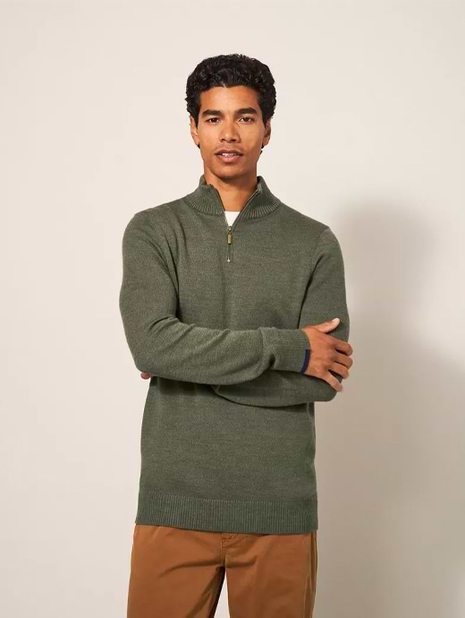 White Stuff Men's Newport Merino Funnel Knit Khaki Green