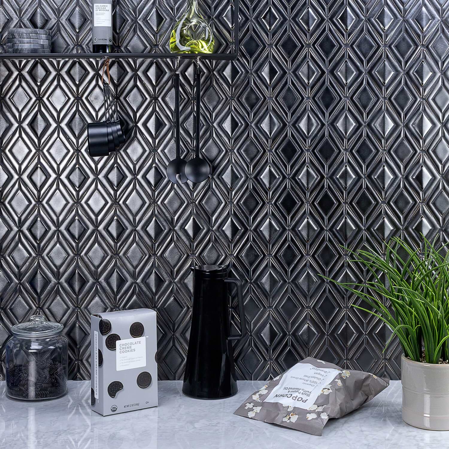 Sample-Nabi Jewel Gunmetal 3D Polished Crackled Glass Tile