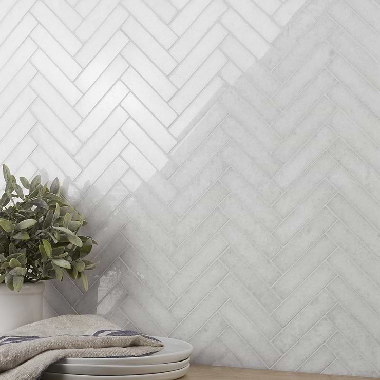 Shop Snow White 1x4 Herringbone Polished Marble Mosaic | TileBar.com