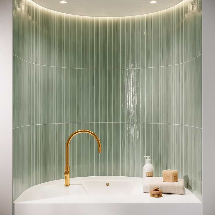 Sample-Kanbina Apple Green 5x18 Glossy Ceramic Mosaic Tile | Tilebar.com